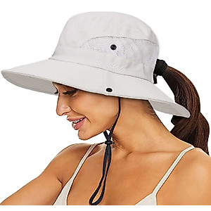 Women's Sun-Hat UV-Protection-Foldable Mesh Wide-Brim Outdoor Summer Beach Fishing Hat with Ponytail-Hole (One Size, Beige)