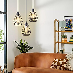 YXTH 3-Light Pendant Light Fixtures, Farmhouse Hanging Pendant Lighting, Adjustable Industrial Kitchen Island Hanging Light Fixture, Black Metal Cage Pendant Ceiling Lamp for Kitchen Dining Room