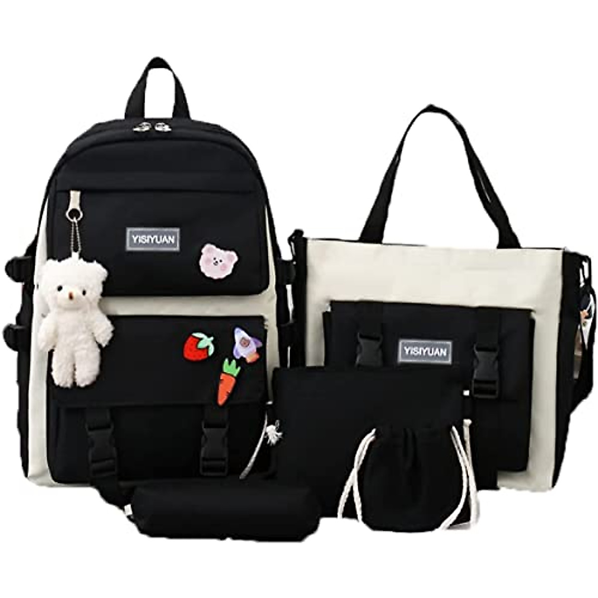Rcuyyl Kawaii Backpack Pendants and Pins Accessories 5Pcs Set Cute Kawaii Rucksack for School Bag Cute Aesthetic Backpack 17in Travel Rucksack School Bag (Black 5pcs)