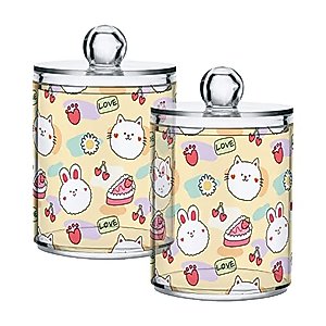 xigua 2 Pack Cute Rabbit and Cat Apothecary Jars with Lid, Qtip Holder Storage Containers for Cotton Ball, Swabs, Pads, Clear Plastic Canisters for Bathroom Vanity Organization (10 Oz)