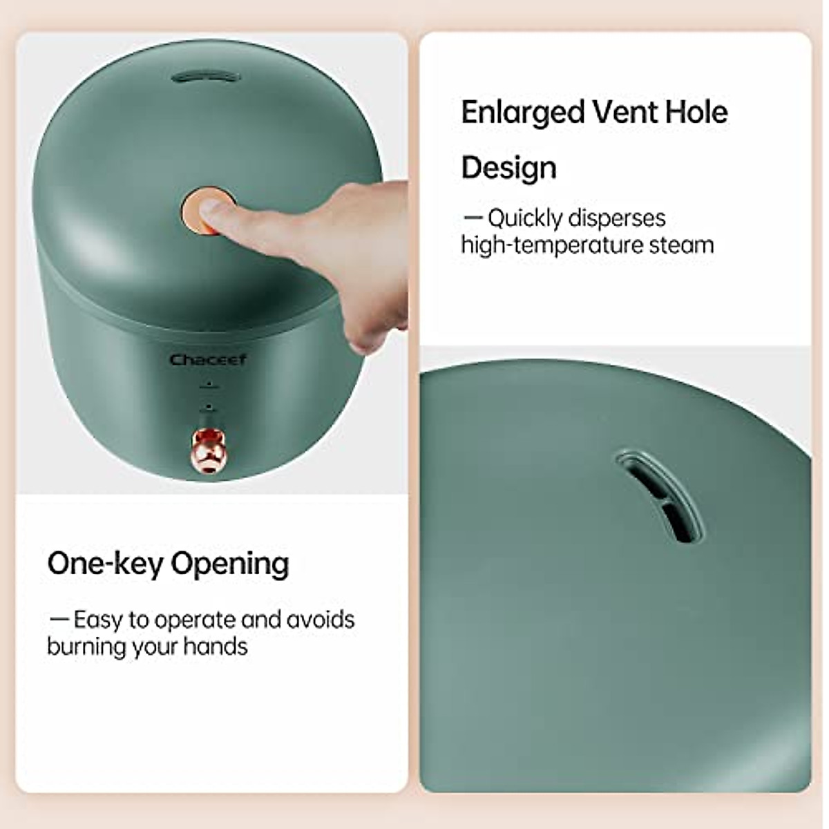 CHACEEF Mini Rice Cooker 2-Cups Uncooked, 1.2L Small Rice Cooker with Non-stick Pot, Mini Rice Maker with One Touch & Keep Warm Function, Food Steamer, Green