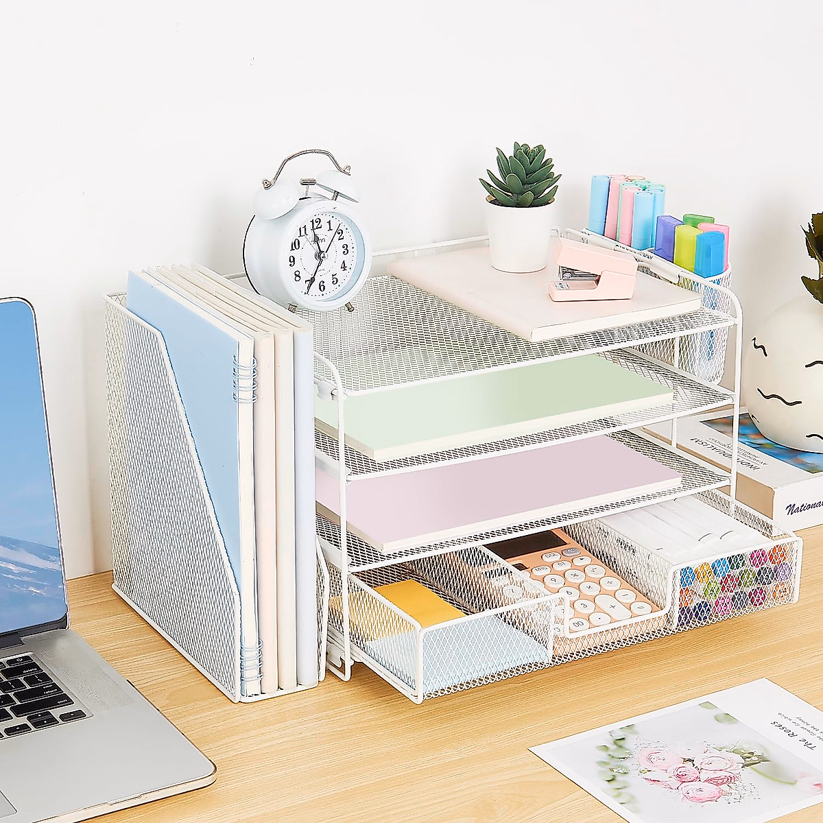 ORDROLL Desk Paper Organizers and Accessories - 4-Tier Paper Letter Tray Organizer with File Holder,Drawer and 2 Pen Holders,Desk Accessories & Workspace Organizers for Office,School,Home(White)