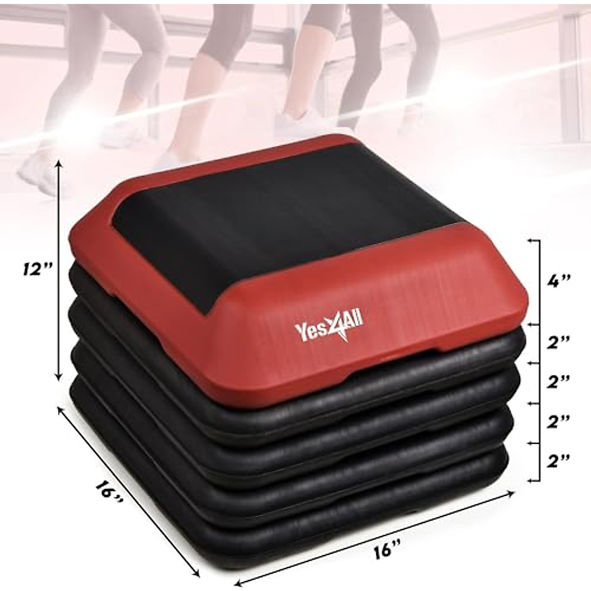 Yes4All 16"x16" Height-Adjustable High Step Aerobic Platform with 4 Risers for Home Gym Exercise Fitness Workout, Cardio and Jumping (Red Black)