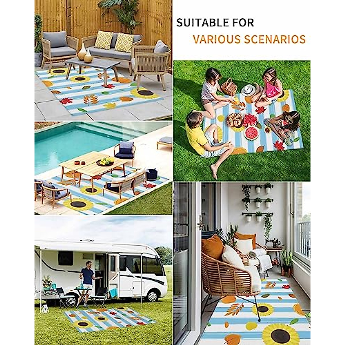 Outdoor Rug 5' x 8', Fall Pumpkin Sunflowers Large Area Rugs for Patio/RV/Deck/Porch/Indoors, Thanksgiving Harvest Blue Stripes Water Absorption Camping Rug Carpet, Lightweight Washable Rug Runners