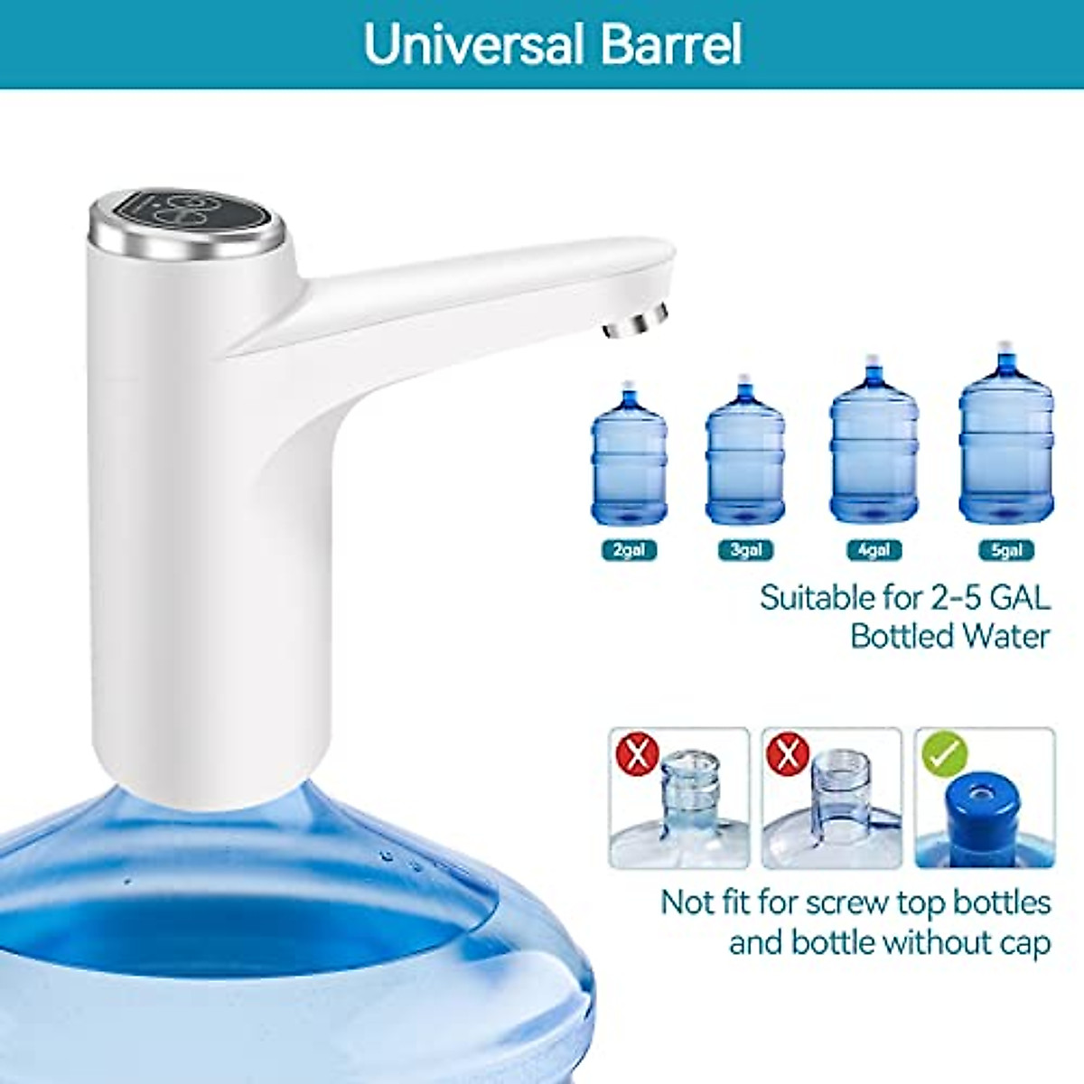 Ausxaron Water Pump for 5 Gallon Bottle, Water Jug Pump, USB Portable Electric Rechargeable Water Bottle Pump Dispenser Drinking Water Pump for Home Camping Office Universal 2-5 Gallon - White