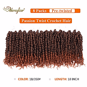 Passion Twist Crochet Hair 10 Inch 8 Packs Pre-twisted Passion Twist Crochet Hair Pre-looped Passion Twist Hair Bohemian Braids Synthetic Crochet Hair Extensions(10 Inch (Pack of 8), 1B/350#)