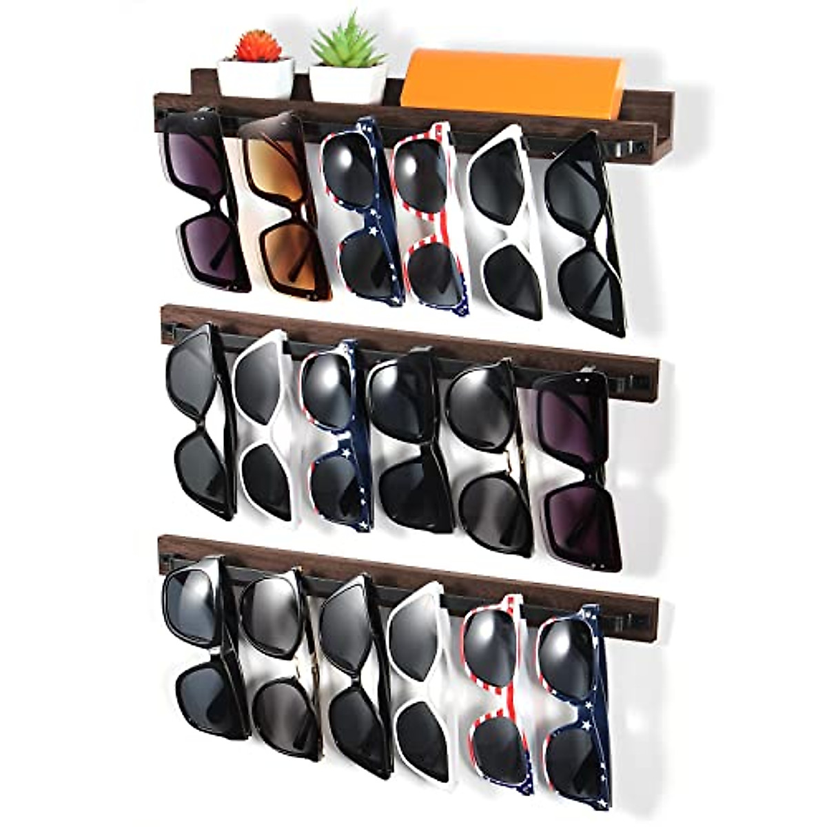 ART-GIFTREE 3 Pack Sunglasses Holder Organizer: Wood Wall Mounted Eyewear Display Rack, Eyeglasses Hanging Stand for Front Door Entryway Living Room Garage (Brown)
