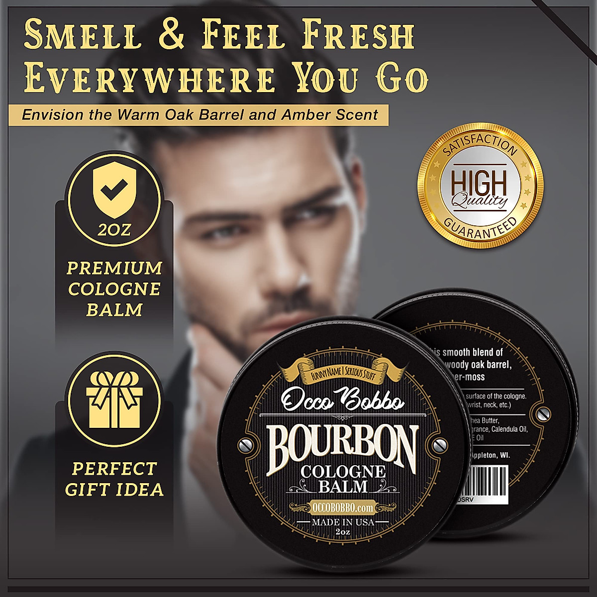 Occo Bobbo - Solid Cologne Bourbon and Sandalwood Scent. Solid Bourbon Cologne For Men - Men's Solid Cologne - 2 Ounce - Concentrated Balm. – A Smooth Blend Of Woody Oak Barrel