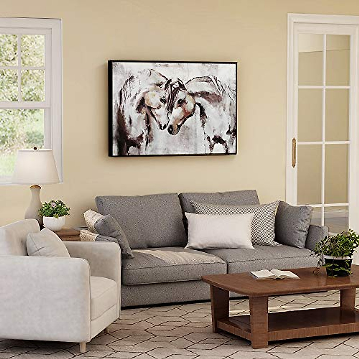 lamplig Horse Pictures Large Hand Painted Wall Art Oil Paintings Brown Animal Canvas Prints Farmhouse Wall Decor Horses Head to Head Artwork Stretched Black Frame for Bedroom Living Room 48x32 inch
