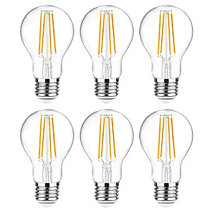 Ascher 60 Watt Equivalent, E26 LED Filament Light Bulbs, Warm White 2700K, Non-Dimmable, Classic Clear Glass, A19 LED Light Bulb with 80+ CRI, 6-Pack