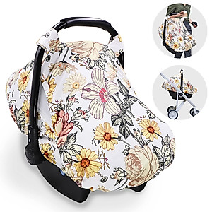 Floral Baby Car Seat Cover for Girl,Infant Carseat Canopy Sun Cover，Baby Carrier Cover with Zipped Peep Windows and Breathable Mesh, Stretchy 3in1Multi-use Stroller Cover