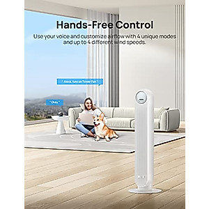 Dreo Tower Fan with Remote, Smart Oscillating Quiet Fans for Bedroom, Bladeless Standing Cooling Floor Fan with WiFi Voice Control Blow Cold Air, 4 Modes, 4 Speeds, 8H Timer, Works with Alexa/Google