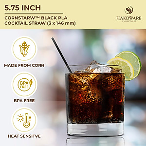 [500 COUNT] CORNSTRAW 5" Black PLA Cornstarch Plasticless Disposable Drink Stirrer Cocktail Straw