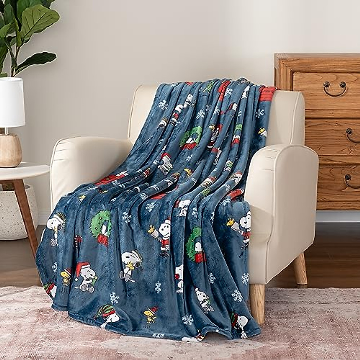 Berkshire Blanket Peanuts® Heavyweight Christmas Blanket,VelvetLoft® Cute Character Snoopy Plush Bed Blanket,Peanuts Best Chirstmas Icons Opened Up Navy,60 in x 70 in (Official Peanuts® Product)