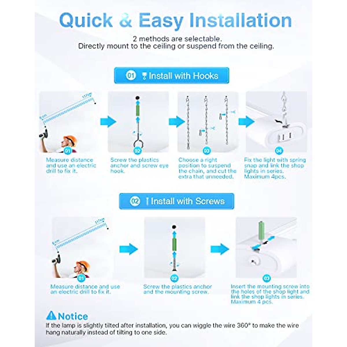 Ensenior 4 Pack Linkable Led Shop Light 4ft for Garage, 4400 High Lumens, 36W Equivalent 280W, 5000K Daylight, 48 Inch Utility Shop led Lights, Surface or Hanging Mount Fixtures, White, ETL Certified