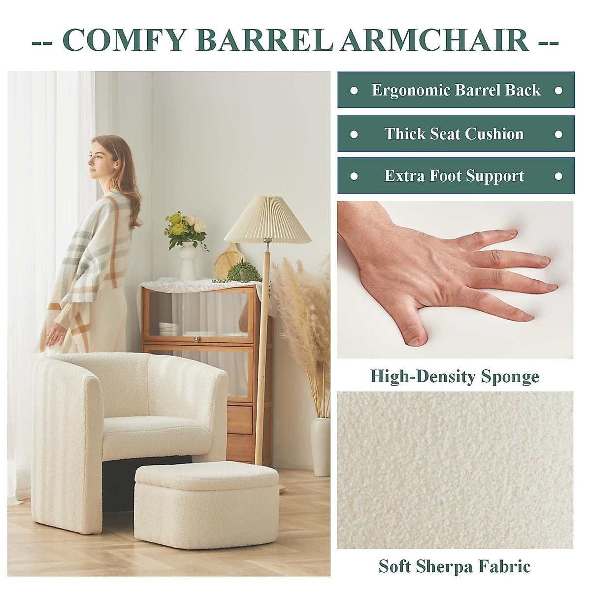 COLAMY Upholstered Sherpa Barrel Chair with Ottoman Set of 2, Modern Single Sofa Accent Lounge Chair Armchair Club Chair with Storage Space-Saving for Living Room Bedroom Office, Cream