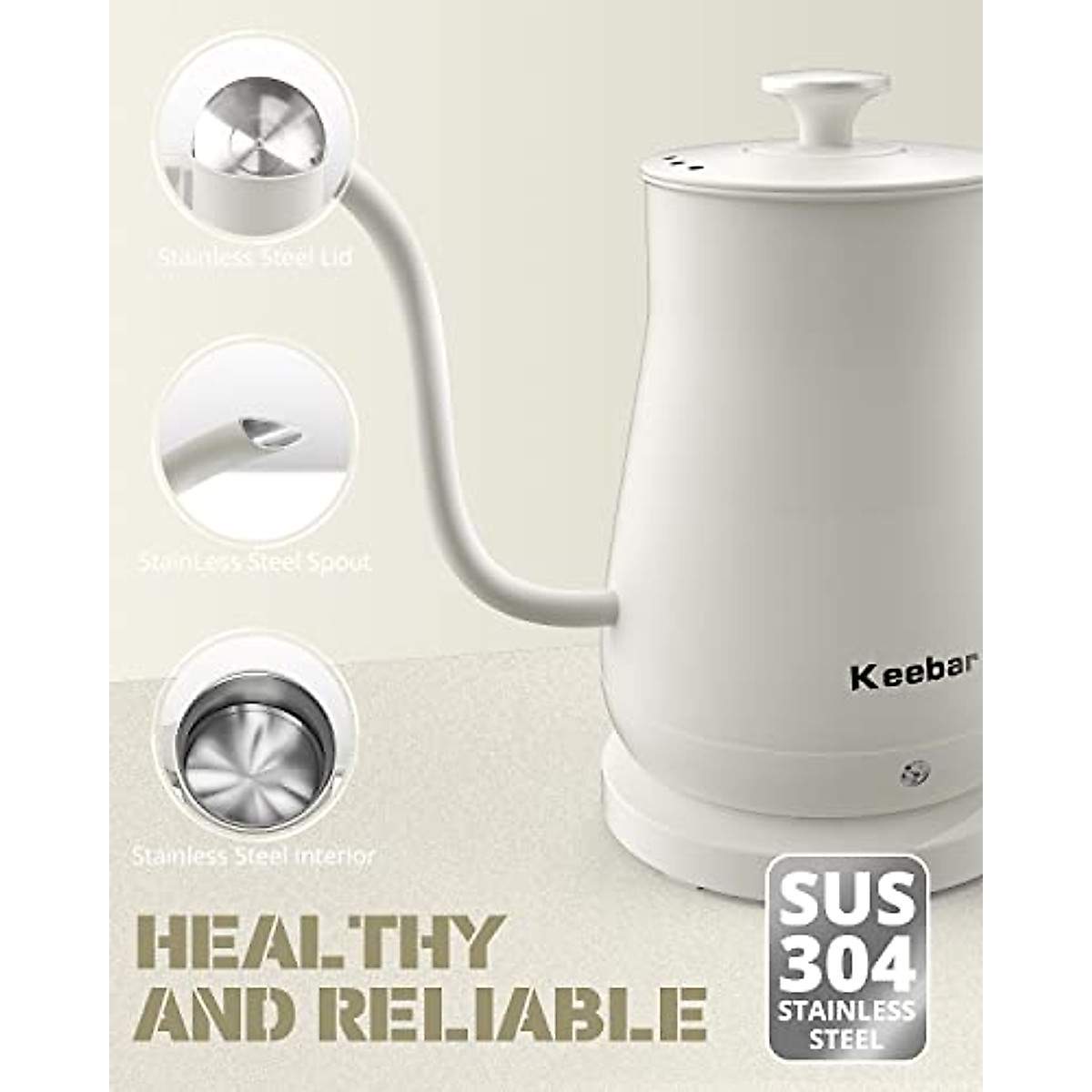 Keebar Electric Kettle, 100% Stainless Steel Tea Kettle, Electric Gooseneck Kettle with Auto Shut Off, Pour Over Kettle for Coffee & Tea, 0.8L,1000W,White