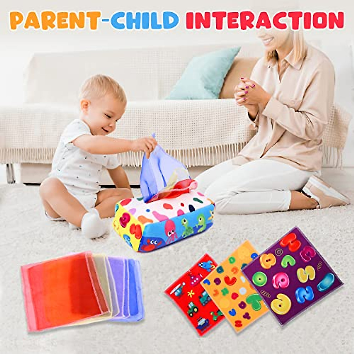 Baby Toys 6 to 12 Months - Baby Tissue Box Toy - Montessori Toys for 1 Year Old, Soft Stuffed High Contrast Crinkle Infant Sensory Toys, Boys&Girls Newborn Toys Kids Early Learning Toys Baby Gifts