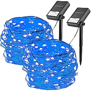 koopower 2 Pack Solar String Lights UL Certified, 33ft 8 Modes Copper Wire Blue Lights Solar/Battery Powered Outdoor String Lights Waterproof Fairy Lights for Xmas Tree Garden Home Ambiance Wedding