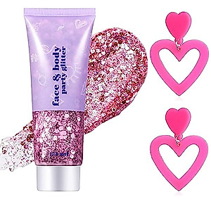 Go Ho Pink Body Glitter Gel and 2 PCS Hot Pink Heart Earrings for Women,Sparkle Pink Holographic Chunky Sequins Glitter Gel with Pink Heart Earrings for Singer Concerts Face Body Glitter Makeup