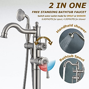WINKEAR Freestanding Floor Mount Tub Filler with Handheld Shower Roman Bathtub Faucet by Brushed Nickel Finish, Swivel Spout with Brass Rough-in and Water Hose