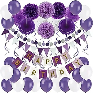 ZERODECO Birthday Decoration Set, Happy Birthday Banner Bunting with 4 Paper Fans Tissue 6 Paper Pom Poms Flower 10 Hanging Swirl and 20 Balloon for Birthday Party Decorations - Purple Lavender White
