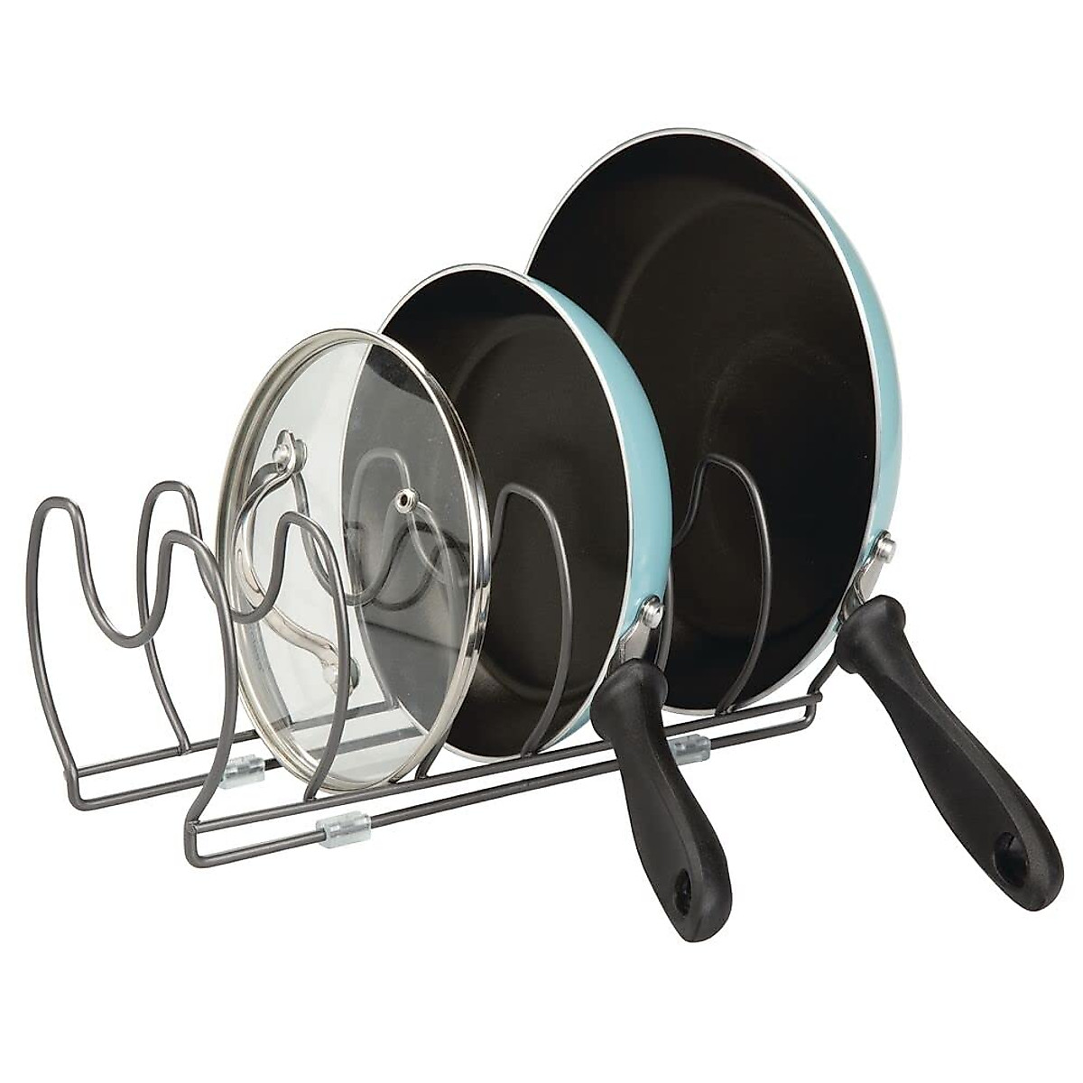 mDesign Metal Wire Pot/Pan Organizer Rack for Kitchen Cabinet, Pantry Shelves, 6 Slots for Vertical or Horizontal Storage of Skillets, Frying or Sauce Pans, Lids, Baking Stones - Graphite Gray