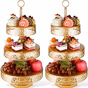 Dandat 2 Pcs Cupcake Stand 3 Tiered Metal Dessert Stand Round Cupcake Tower Cake Holder Stand Tiered Serving Tray for Wedding Baby Shower Birthday Tea Party Table Decor (Gold)