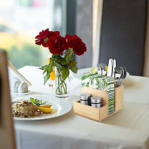 Silverware Holder,Wooden Silverware Caddy and Napkin Holder,Countertop Silverware Organizer with Salt and Pepper Shakers,Multi-Purpose Utensil Holder for Party,Farmhouse Kitchen Decor,Dinning,Banquet