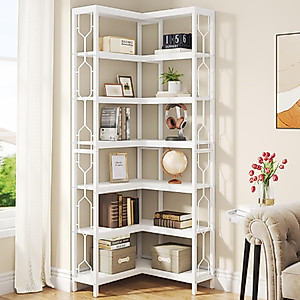 Tribesigns Corner Shelf, 7-Tier Industrial Corner Bookshelf, Wood and Metal Corner Etagere Bookcase, Freestanding Display Shelf for Living Room, Kitchen, Home Office, White