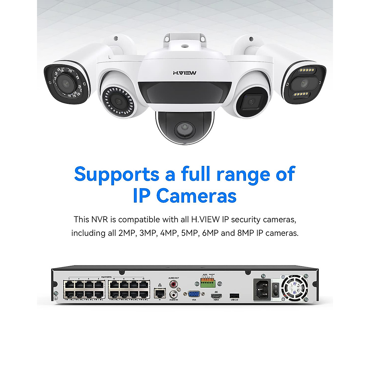 H.VIEW (16ch 4K/8mp/6mp/5mp/4mp/3mp/1080p/720p) Network Video Recorder, 16ch (16-Port PoE) nvr- Supports up to 16 x 4K IP Cameras, Hard Drive Not Included (Supports up to 2x10 Terabytes HDD)