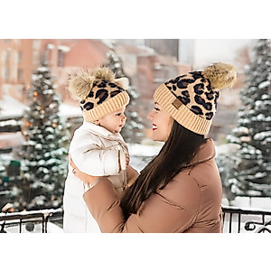 Funky Junque Mom and Baby Pom Pom Hat Set, Mommy and Me Winter Hats, Matching Double Pom Beanies, One Size Adult/Infant, Leopard Latte