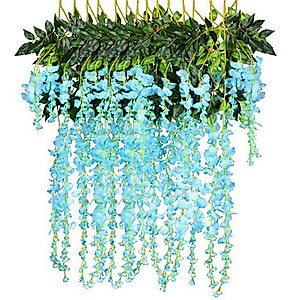 12 Pieces of 3.6 Feet/Piece of Artificial Fake Wisteria Vine Ratta Hanging Garland Silk Flower String-Like Family Party Wedding Garden Outdoor Office Wall Decoration (Green, 12)