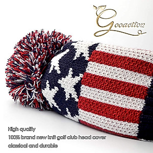 GOOACTION 3PCS Knitted Golf Head Covers 1-3-5 for Driver and Fairway Woods with Long Neck Design Vintage Red Stars and Stripes American Flag Sock Pom Pom Golf Club Patriotic Headcovers Set