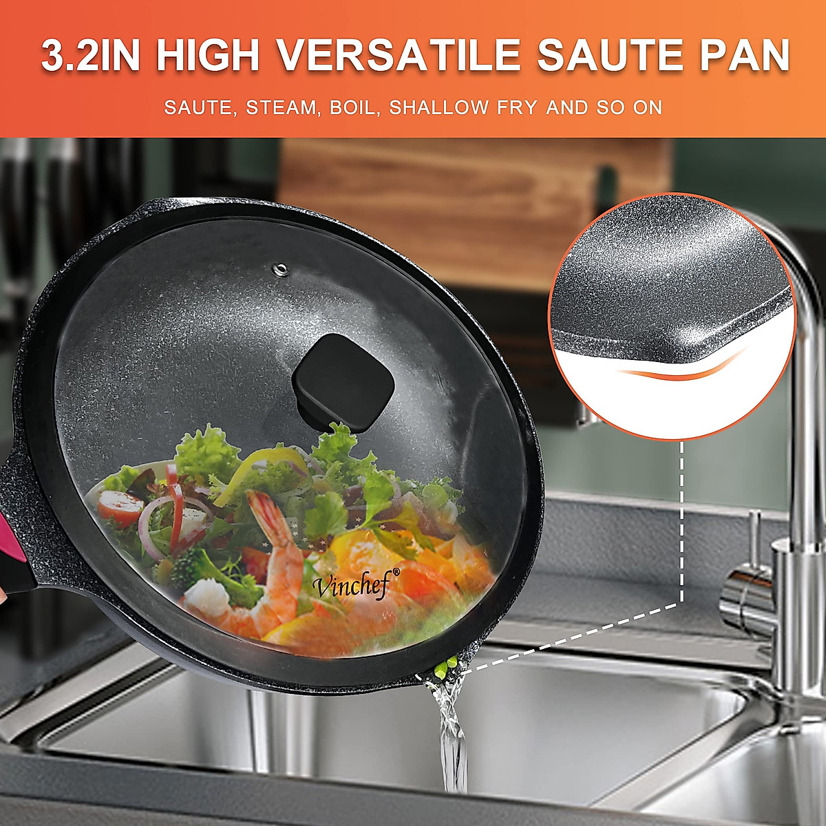 Vinchef Nonstick Skillet with Lid, 11In/5Qt Aluminum Deep Frying/Saute Pan with Lid and Heat Indicator, Anti Scratch and Anti Stain, Induction Compatible