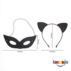 Cheerin Cat Ear Headband with Cat Mask | Glitter Kitty Cat Ears Headband with Black Mask | Halloween Cat Costume accessory for Kids and Adults | Cat themed Party, Christmas, Cosplay Party Costume