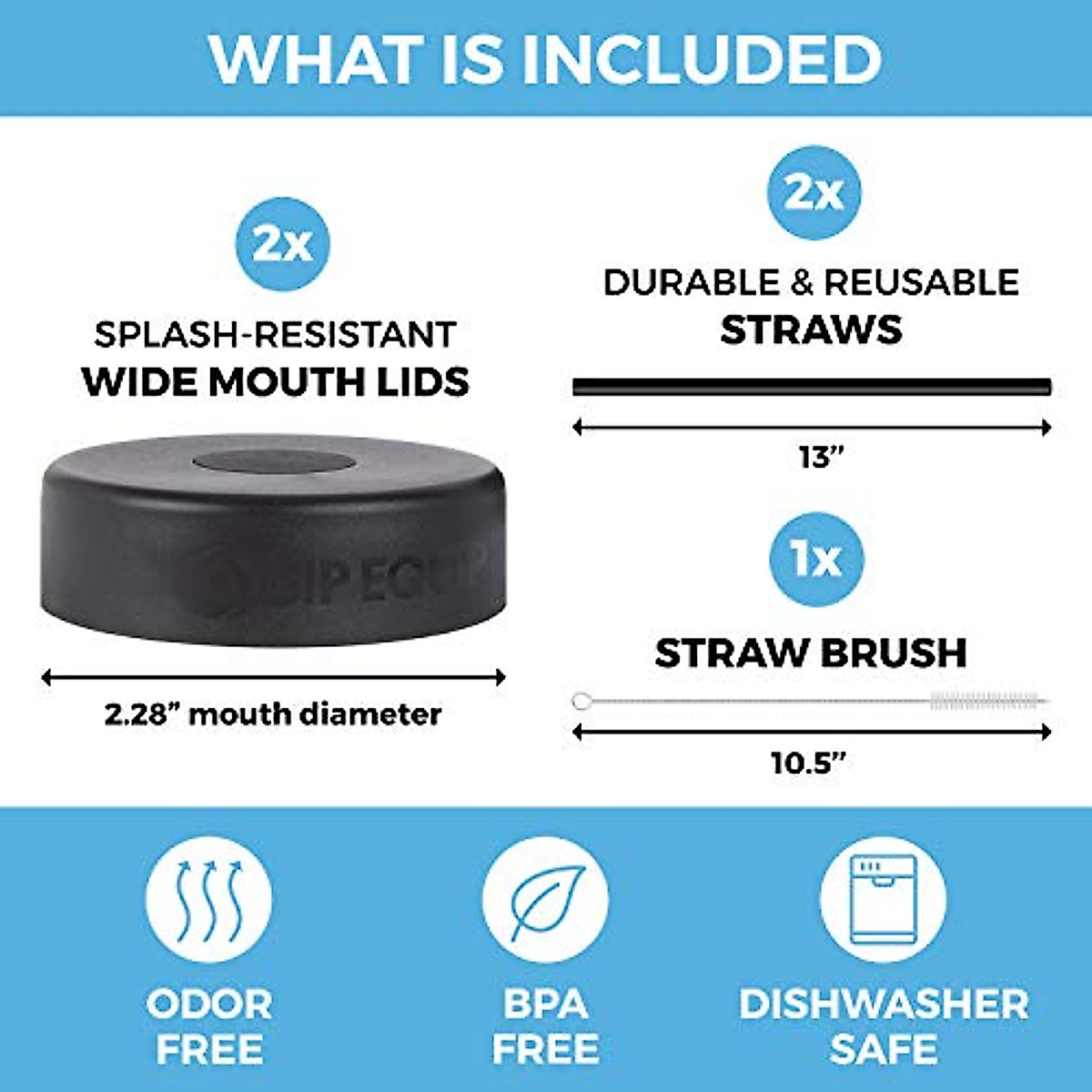 Sip Equip Wide Mouth Straw Lids (2 Pack), Compatible with Hydro Flask, Simple Modern, Hydro Cell, Thermoflask, Takeya, Vmini and Iron Flask, 2 Lids, 2 Straws and 1 Straw Brush, Original