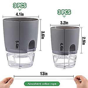 6 pcs Self Watering Plant Pots, 4.1/3.2 in Plastic Planter with Drainage Holes, Flower Pots for Indoor Plants, African Violet, Succulents, Herbs, Grey