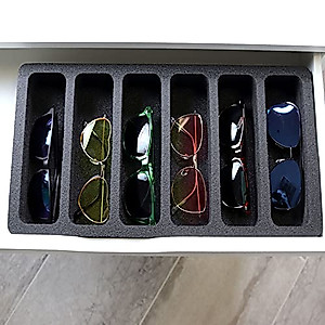 Polar Whale Sunglasses Drawer Organizer Tray Insert for Home Bedroom Bathroom Vanity Dresser Counter Table Waterproof Washable Black Foam 6 Compartment 8.25 x 18 Inches