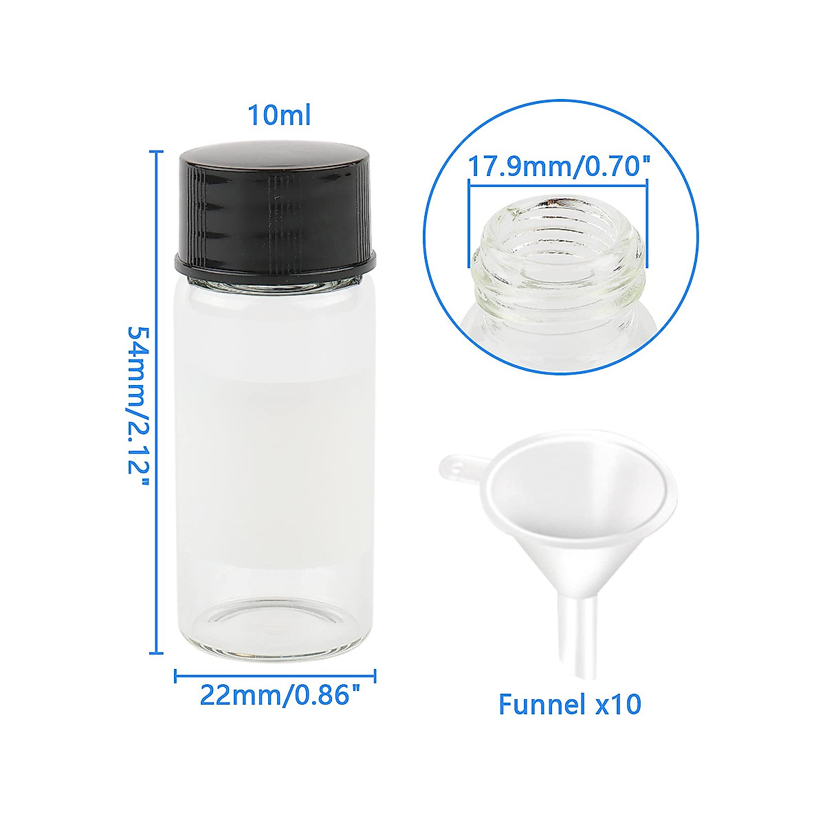 Newzoll 45Pcs 10ml Small Empty Glass Vials, Clear Liquid Sample Glass Bottles Jars, Mini Glass Thread Cap Bottles with Write-on Spot and 10 Funnels