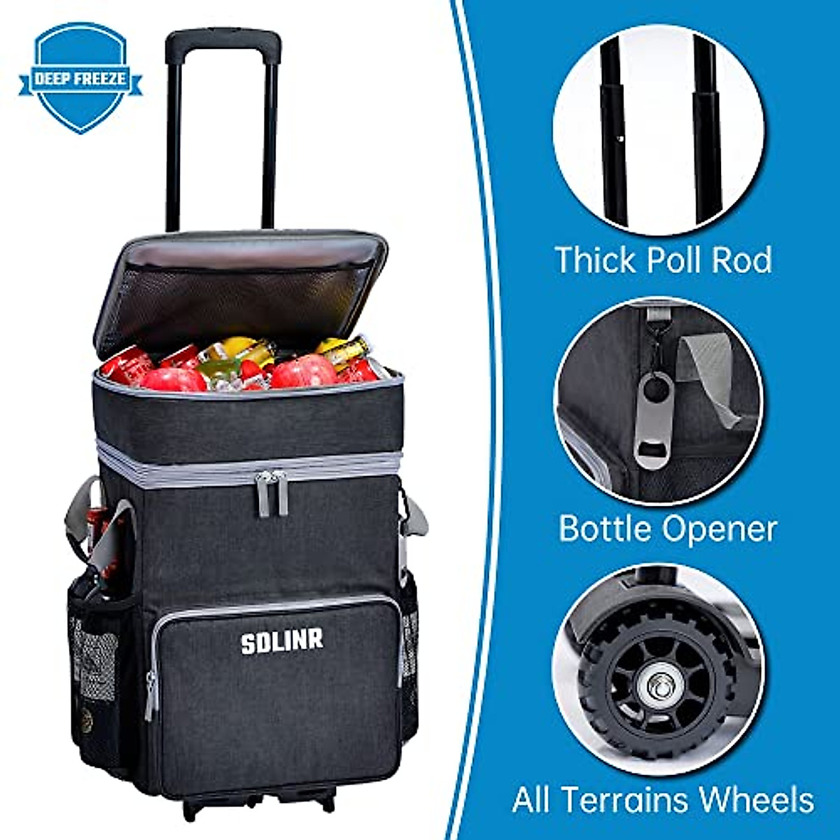 SDLINR 72-Can Large Rolling Cooler, Leakproof Insulated Soft Cooler Bag with Wheels and Handle Collapsible for Beach Camping Patio Travel Outdoor