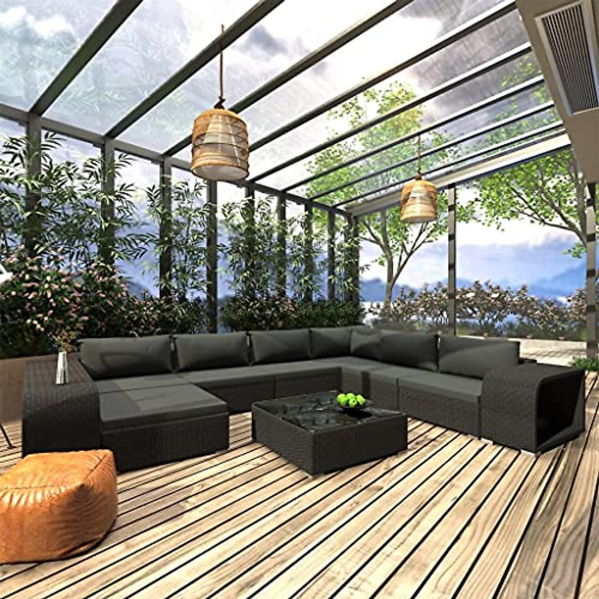 QZZCED 10 Piece Patio Lounge Set with Cushions,Outdoor Couch,Patio Bar Set,Modern Outdoor Furniture,Dining Bench with Back,Bistro Set,for Patio Deck Garden,Backyard & Lawn,Poly Rattan Black