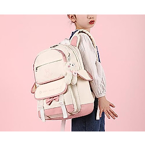 ZHSteveG Pink Backpack Bow With Pendant Cute Large Capacity Kawaii Aesthetic Backpack Cute Mochilas Daypacks (Pink white)
