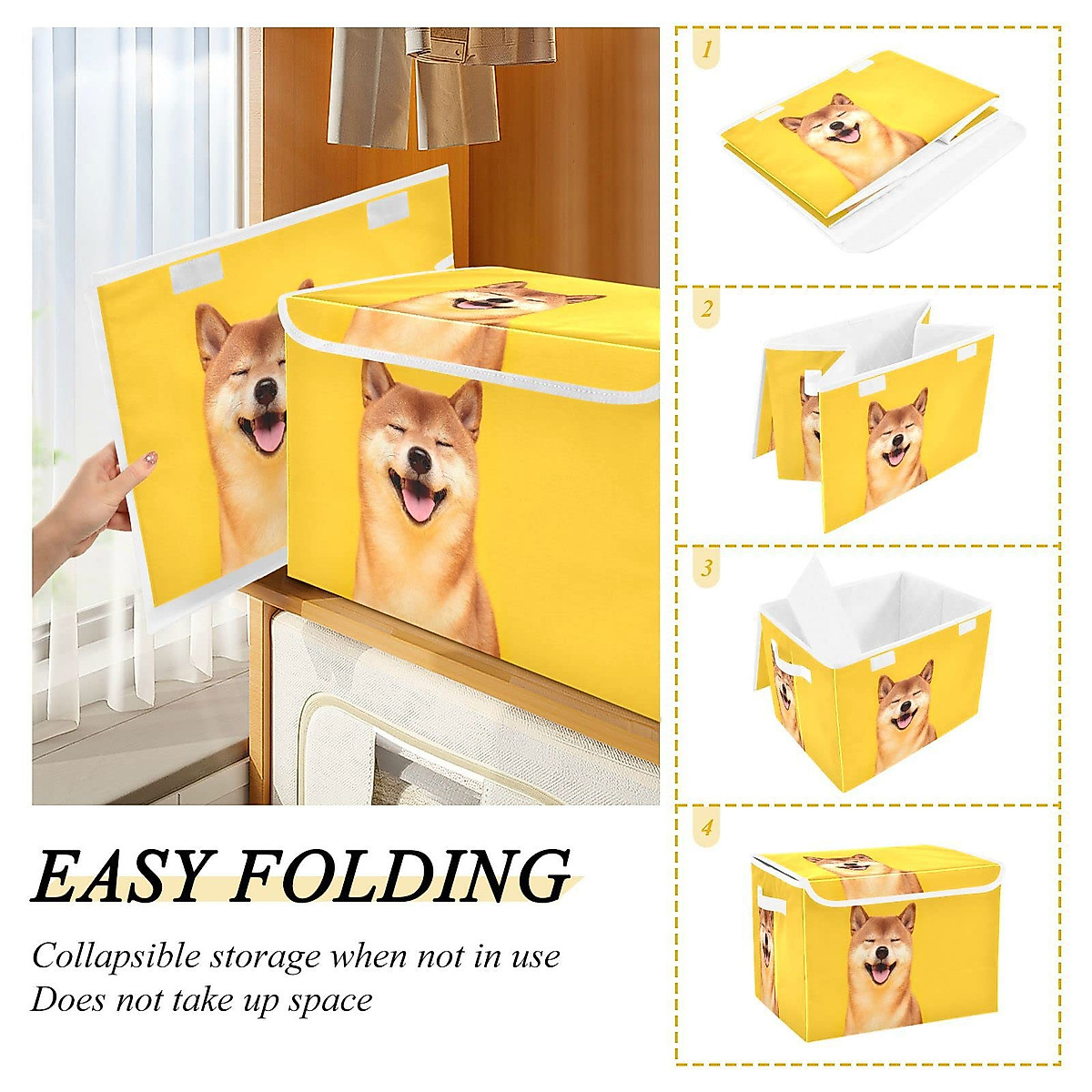 Wusikd Shiba Inu Dog Storage Basket Yellow Storage Boxes with Lids and Handle, Large Storage Cube Bin Collapsible for Shelves Closet Bedroom Living Room, 16.5x12.6x11.8 In