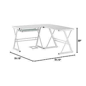 Walker Edison Ellis Modern Glass Top L Shaped Corner Gaming Desk with Computer Keyboard Tray, 51 Inch, White