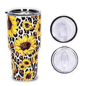 YHSHYZH 30 OZ Tumbler Cups with Lid Sunflower Stainless Steel Travel Coffee Mugs Personalized Leopard Print Insulated Cups Sunflowers Gifts for Women(30OZ, Leopard Sunflower)