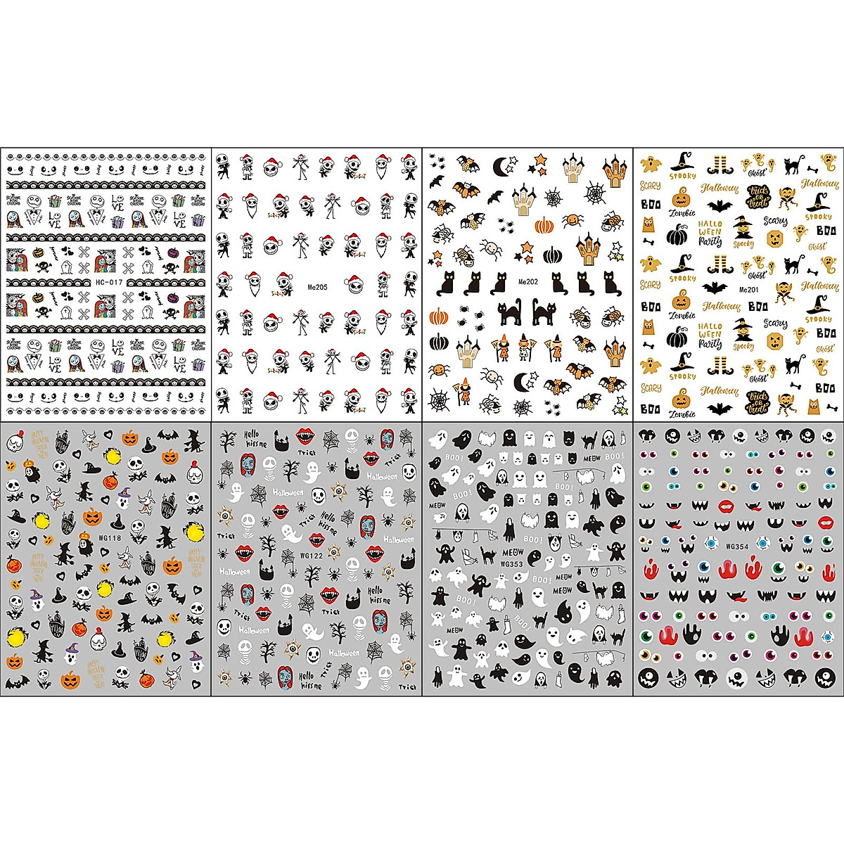 JMEOWIO 8 Sheets Halloween Nail Art Stickers Decals Self-Adhesive Pegatinas Uñas Horror Skull Nail Supplies Nail Art Design Decoration Accessories