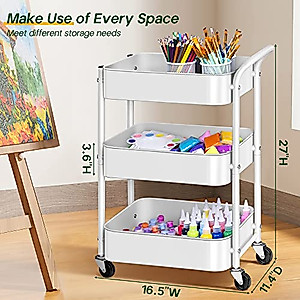 AOODA 3 Tier Under Desk Metal Rolling Cart with Handle and Lockable Wheels, 27'' Height Small Book Cart Mobile Art Cart Rolling Storage Organizer for Office, Bathroom, Kitchen, Nursery (White)