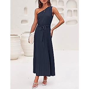 MEROKEETY Womens Sleeveless One Shoulder Pleated Belted Elastic High Waist Formal Midi Maxi Dress,Navy,M