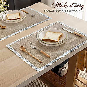 Burlap Placemat 8 pc Set, Farmhouse Placemats Set of 4 with Coasters, Jute Rustic Place Mats and Coasters, Linen Table Mats and Coasters, Set of 4, Heat Resistant